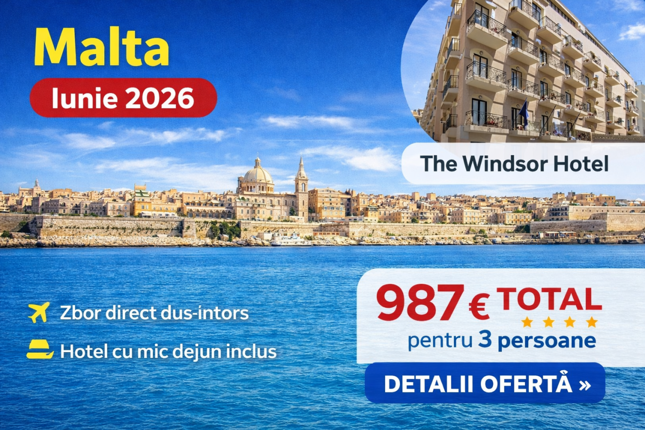 Malta, 6 nopți în iunie 2026: 987 € pentru 2 adulți si un copil (zbor ...